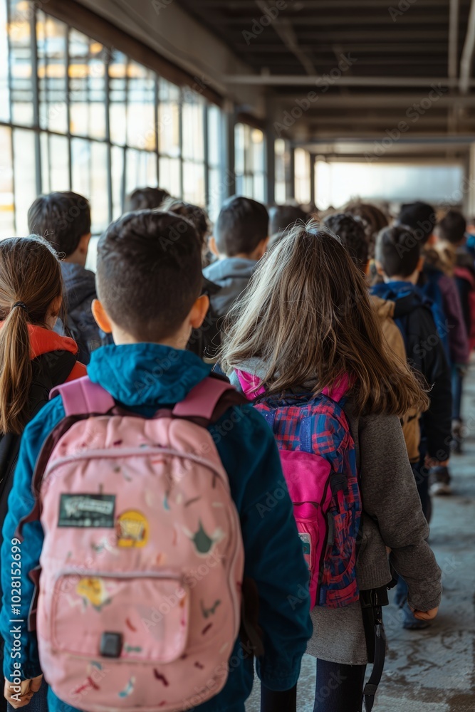 School conducting an evacuation drill with students, everyone calmly ...