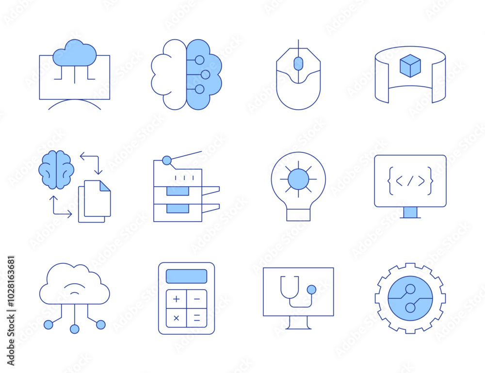 Technology icons. Line Duotone style, editable stroke. 3d viewer, brain ...