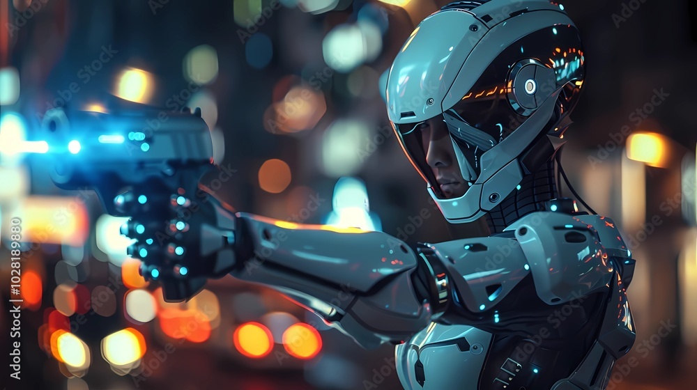 A superhero an android police officer, robot, futuristic, slim armor ...