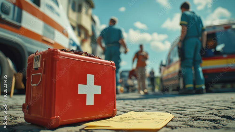 First Aid Kit for Medical Rescue Services. Red first aid kit stands ...