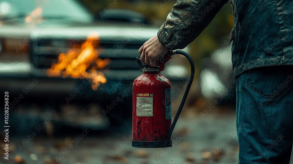 hand confidently grips a fire extinguisher, symbolizing safety ...