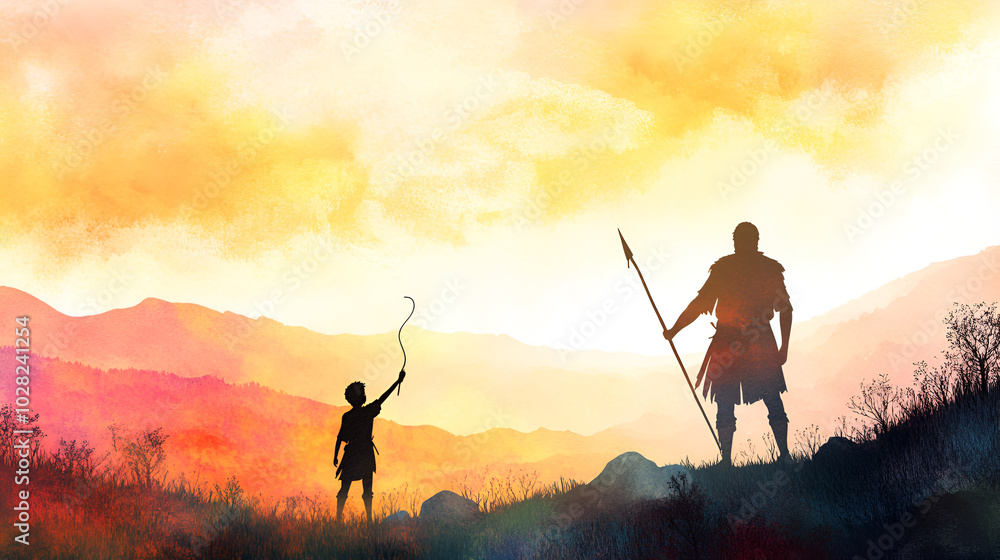 David and Goliath. Bible story of young Shepherd boy defeating a giant ...