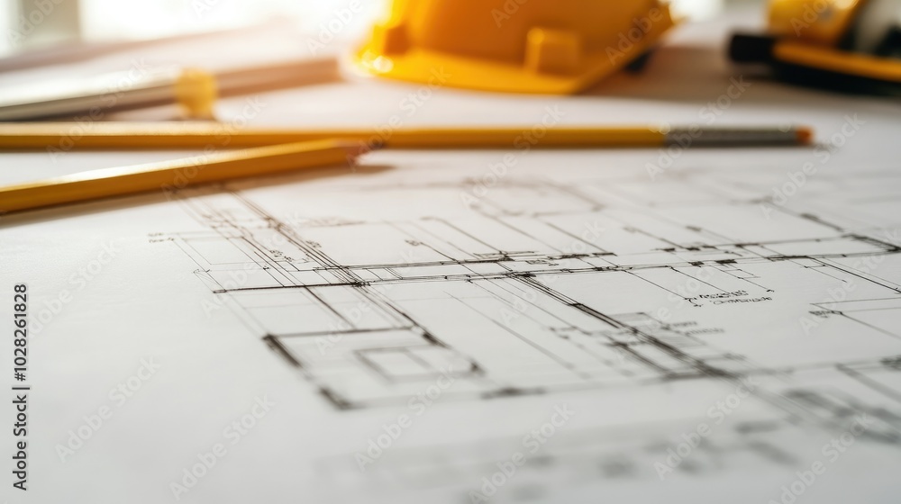 Blueprint floor plan with pencils and hard hat symbolizing ...