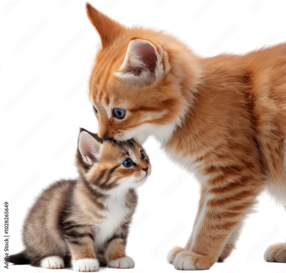 Cute playful kitten curiously smelling a brown fluffy baby snout on a ...