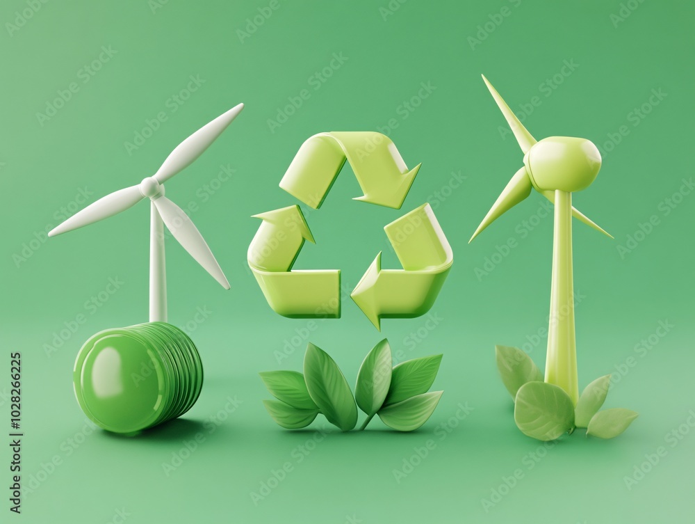 2408 85.A detailed 3D set of environmental icons featuring a green leaf ...