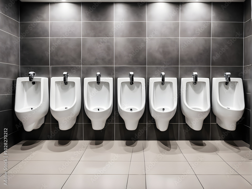 Row of white ceramic urinal chamber pot interior design men public ...