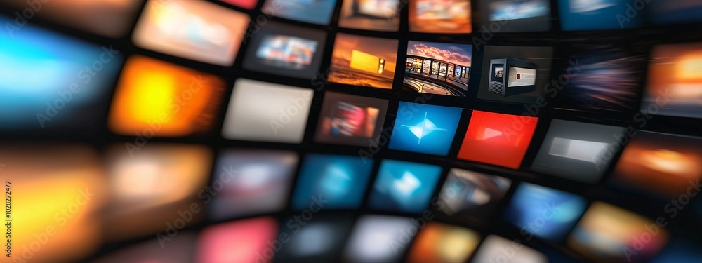 Ultra-modern media hub, floating video thumbnails, holographic grid ...