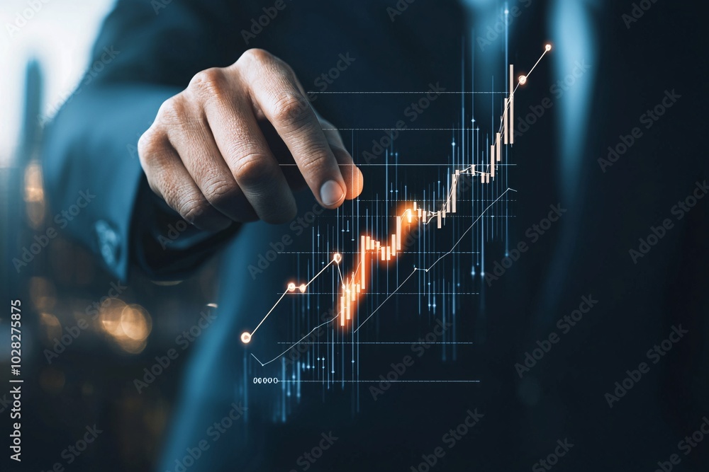 Hand holding a declining interest rate chart, representing market ...