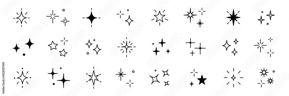 Twinkle star vector glitter bright magic light icon. Star twinkle glitter spark outline shine ...