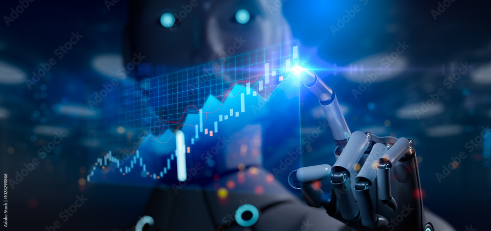 Robotic arm pointing at stock chart.Ai artificial intelligence tool ...