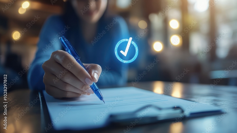 Businessman writing or tick correct mark to approve document and ...