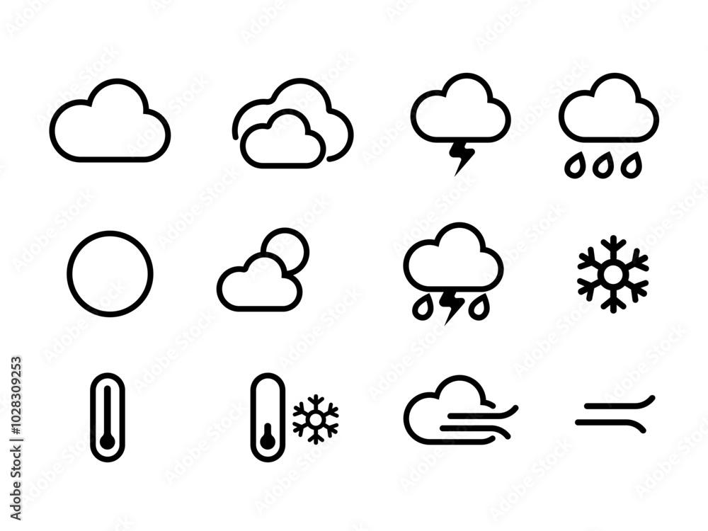 weather forecast icon symbol set solid outline of cloud snowy ...