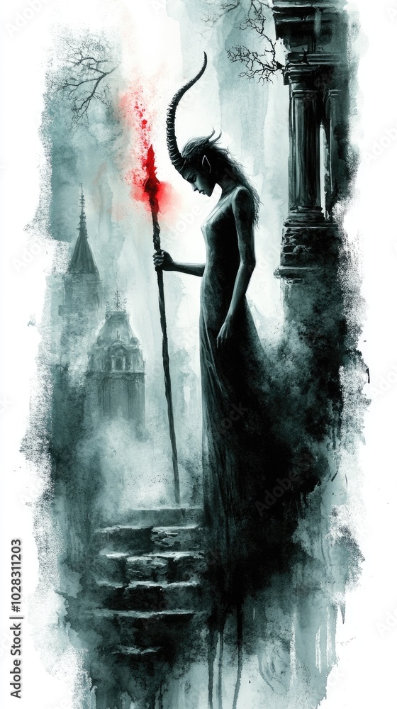 A dark, horned figure standing before crumbling ruins, gripping a ...