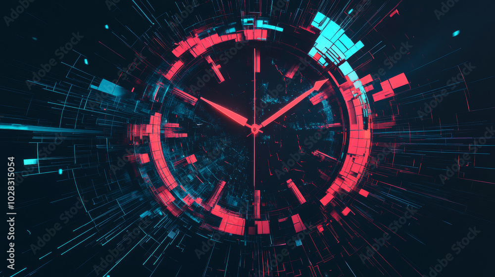 A simple, stylish clock icon with a broken or glitched look. It's ...