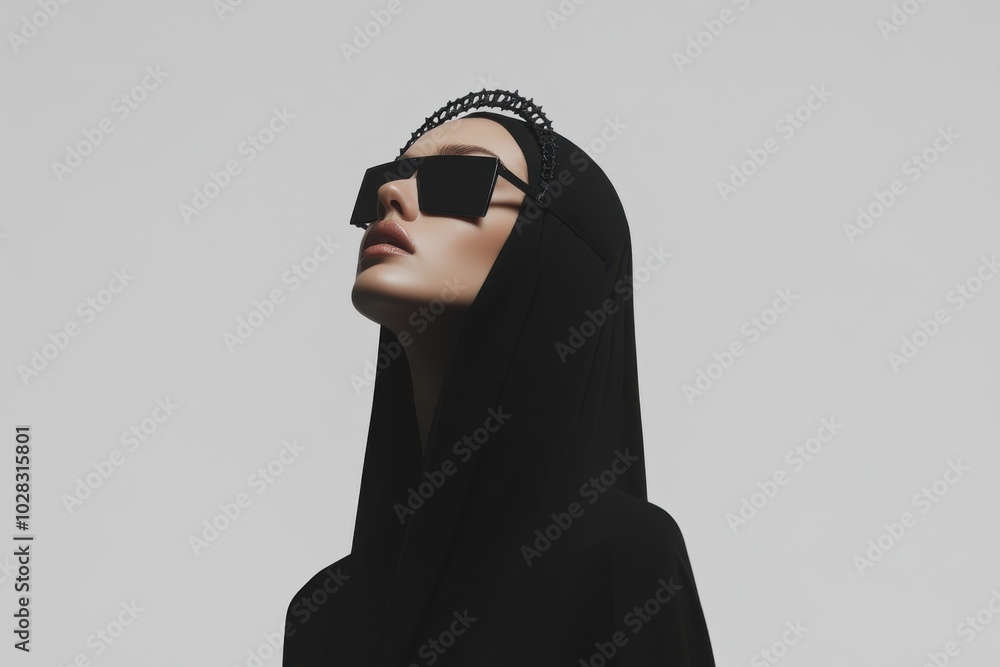 Fashion model posing in black hood and sunglasses looking up Stock ...