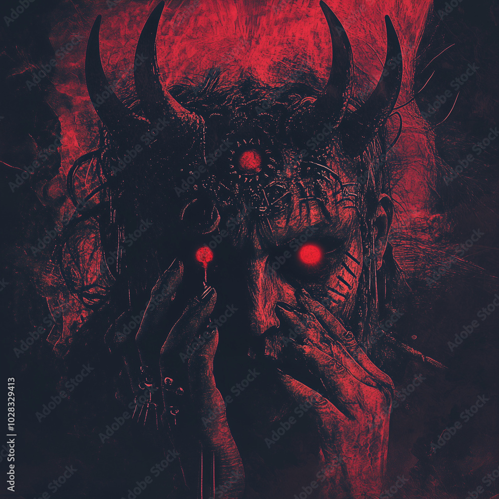 Poster Design, Mysterious illustration of a devil with three sharp eyes ...