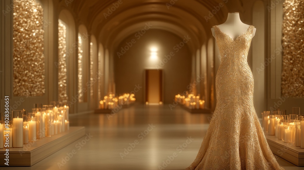 Ornate gold gown with intricate beadwork, displayed on a mannequin ...