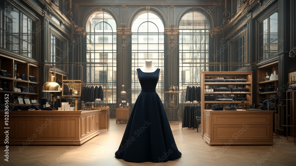 Mannequin wearing a deep navy blue velvet gown, spotlight highlighting ...