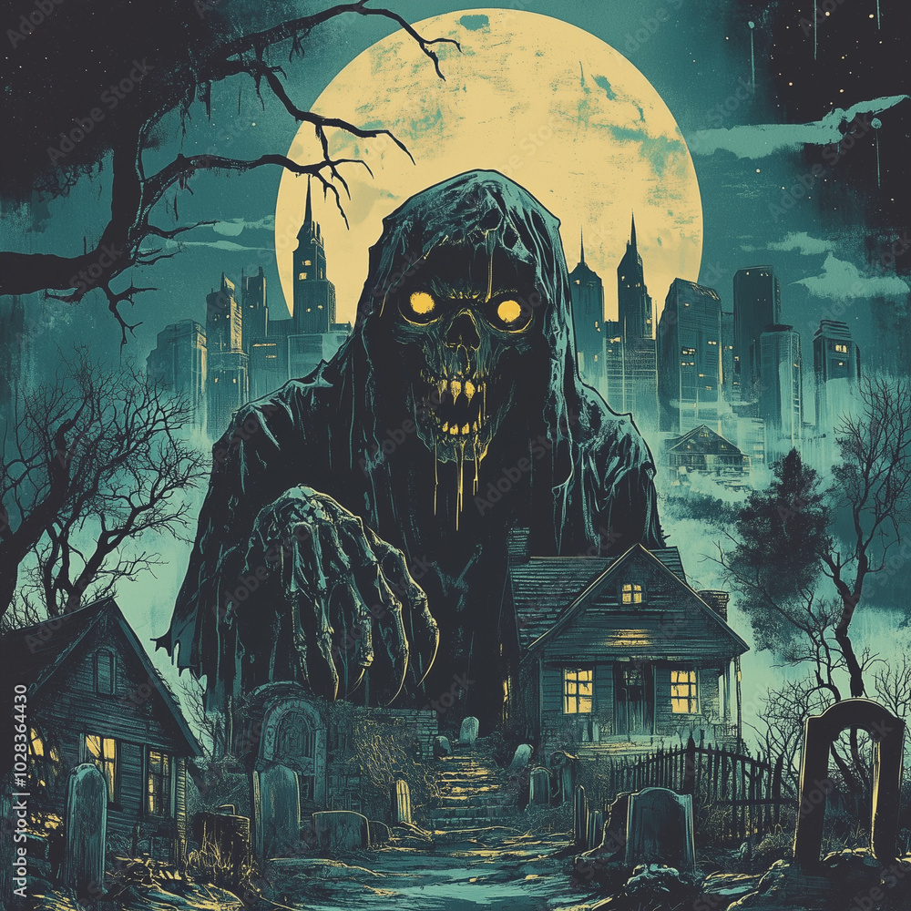 Horror movie poster design featuring a skeleton demon in a hood with ...