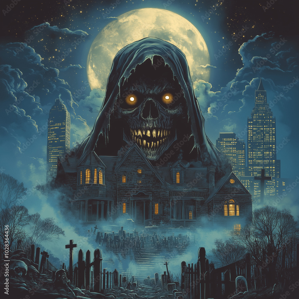 Horror movie poster design featuring a skeleton demon in a hood with ...