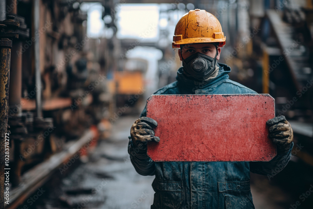 Worker Holding Blank Red Sign, Construction Site Safety Message ...