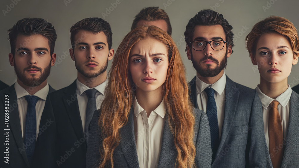 young group of job applicants front facing standing side by side in a ...