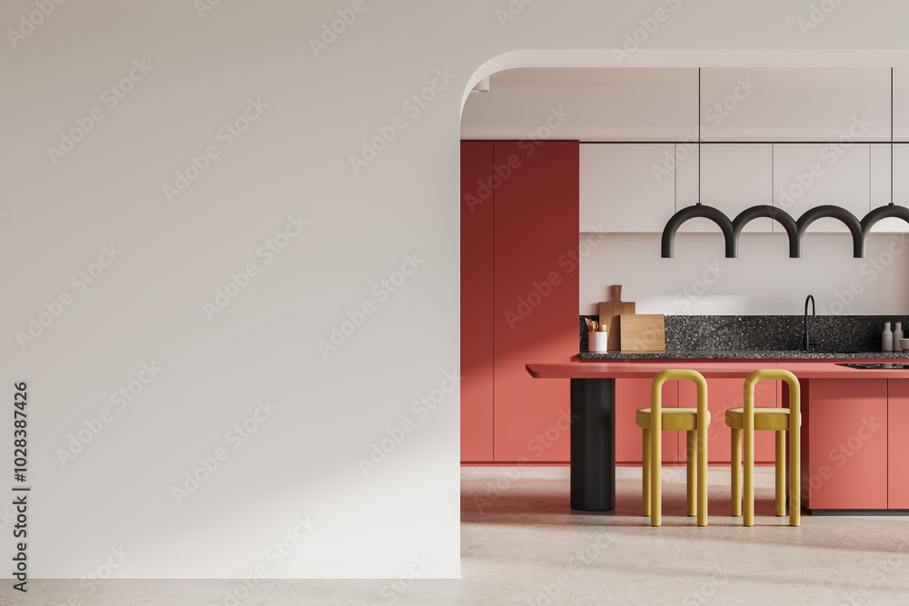 Modern kitchen with empty white wall on the left side. 3D Rendering ...