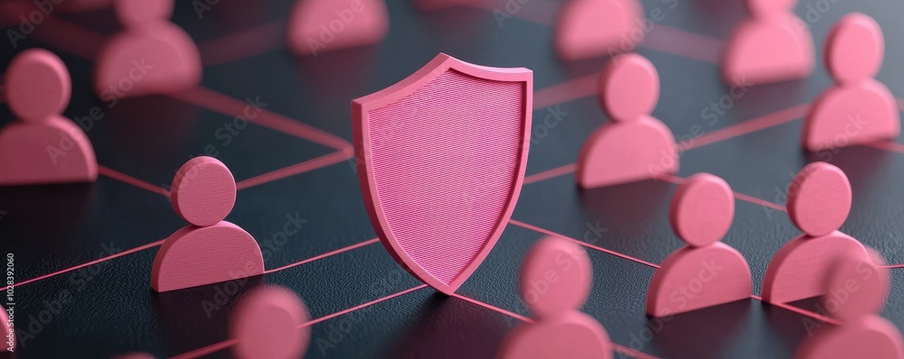 Pink shield icon protecting network of people, representing ...