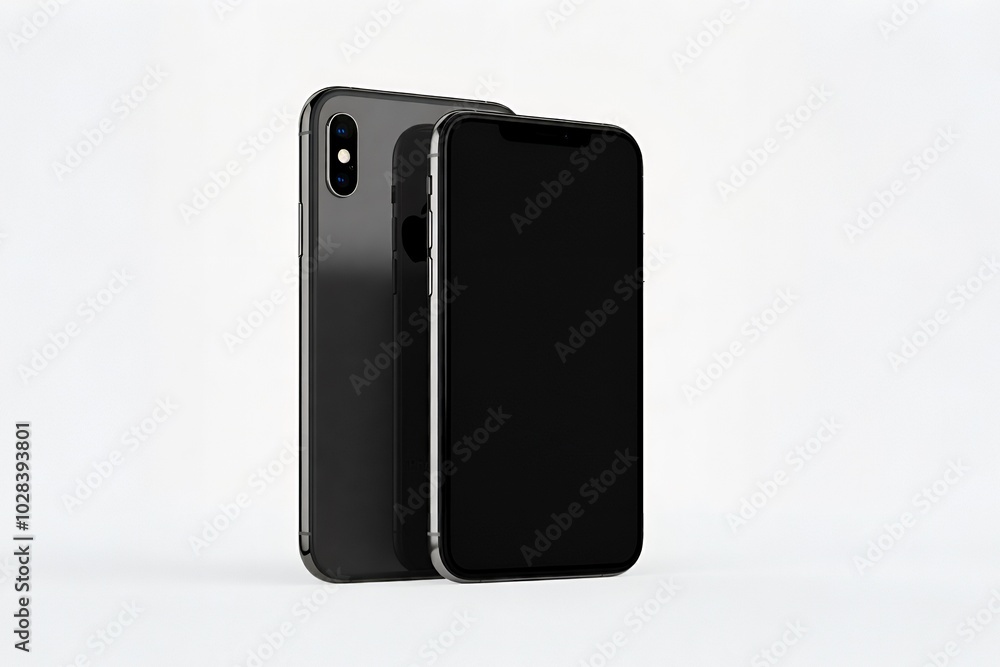 Two black smartphones, one facing front and the other back, side by ...