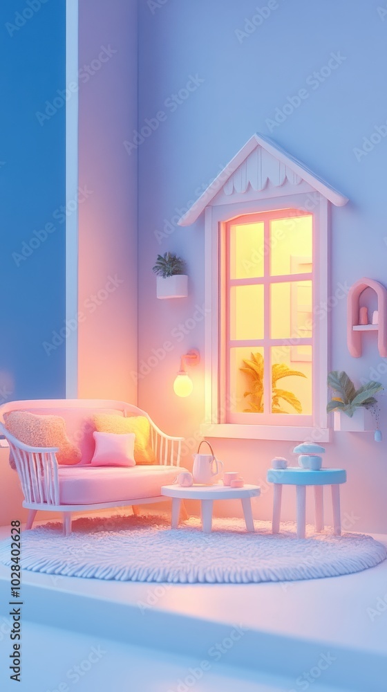 Tiny cute isometric outside of living room interior background Stock ...
