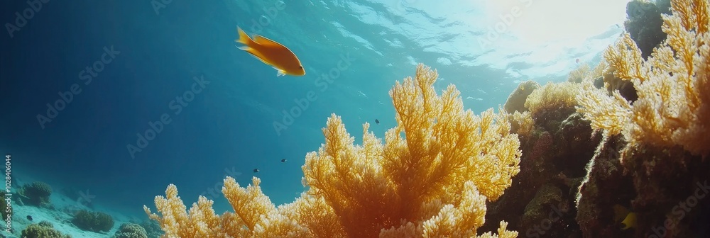 Diving in a coral reef with gorgeous fish and light coming from above ...