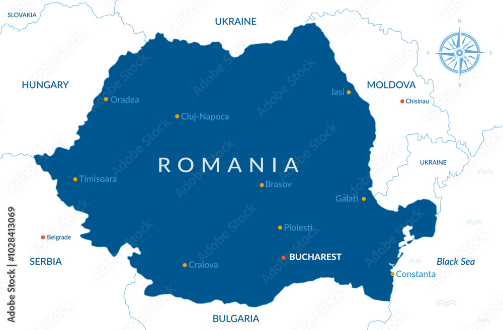 Romania map silhouette with main cities and neighboring countries. Blue ...