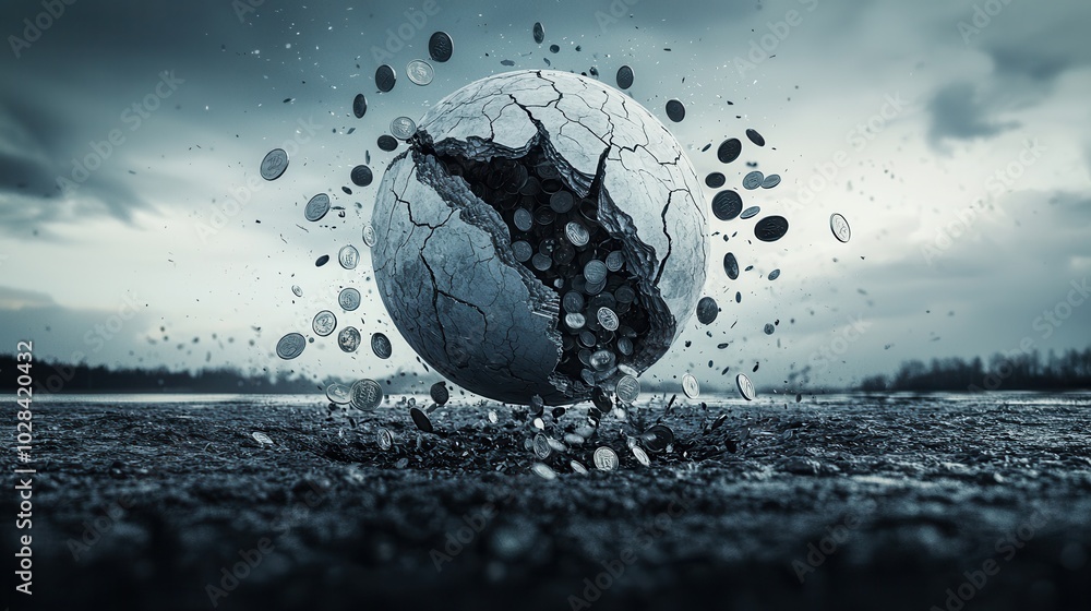 Cracked Globe and Falling Coins: A globe with deep cracks running ...