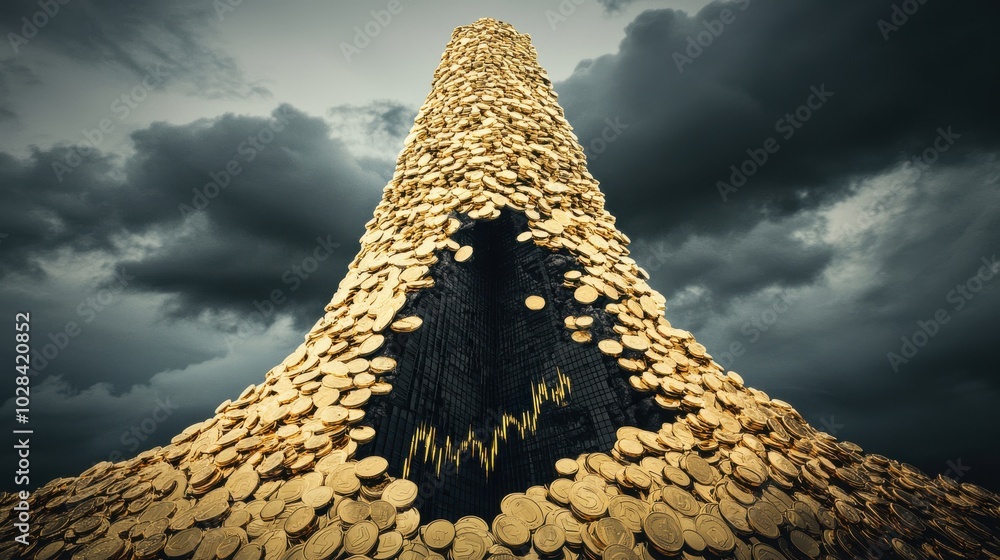 Crumbling Financial Tower: A tall skyscraper made of gold coins and ...