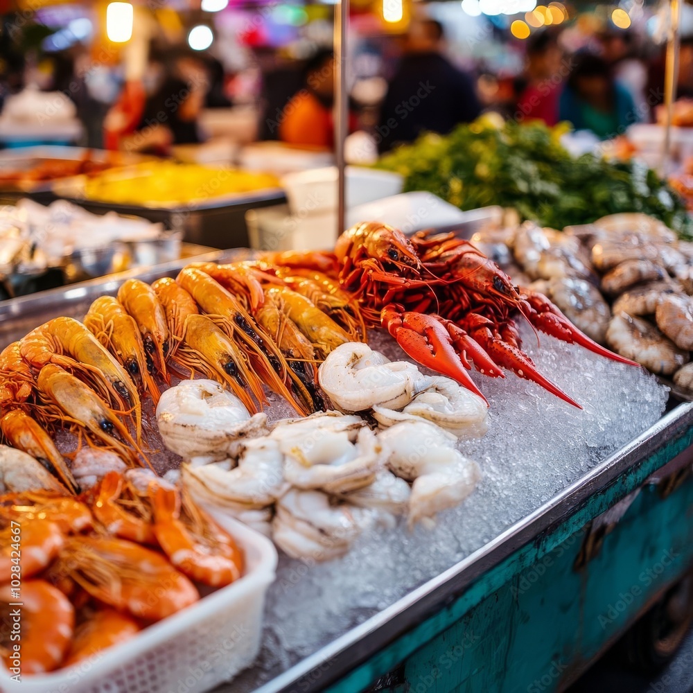 Traditional food cart with seafood on ice, crowded street market, vivid ...