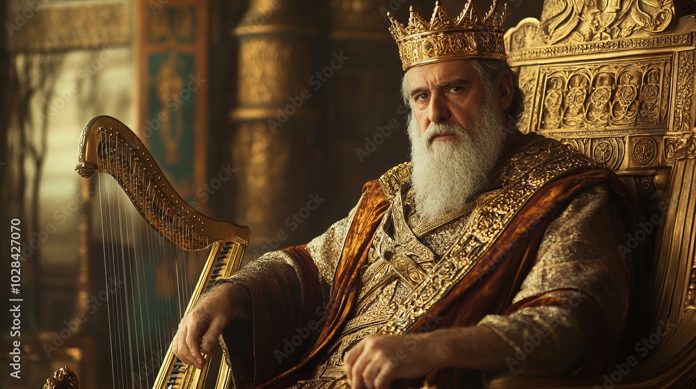 King David sitting on his throne, regal and majestic, wearing a golden ...