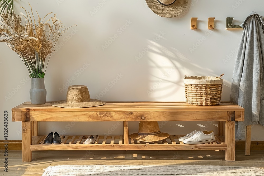 Minimalist wooden shoe storage bench with coat rack, natural wood ...