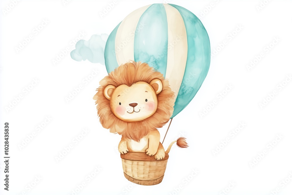 Cute watercolor cartoon lion flying on a hot air balloon, clipart ...