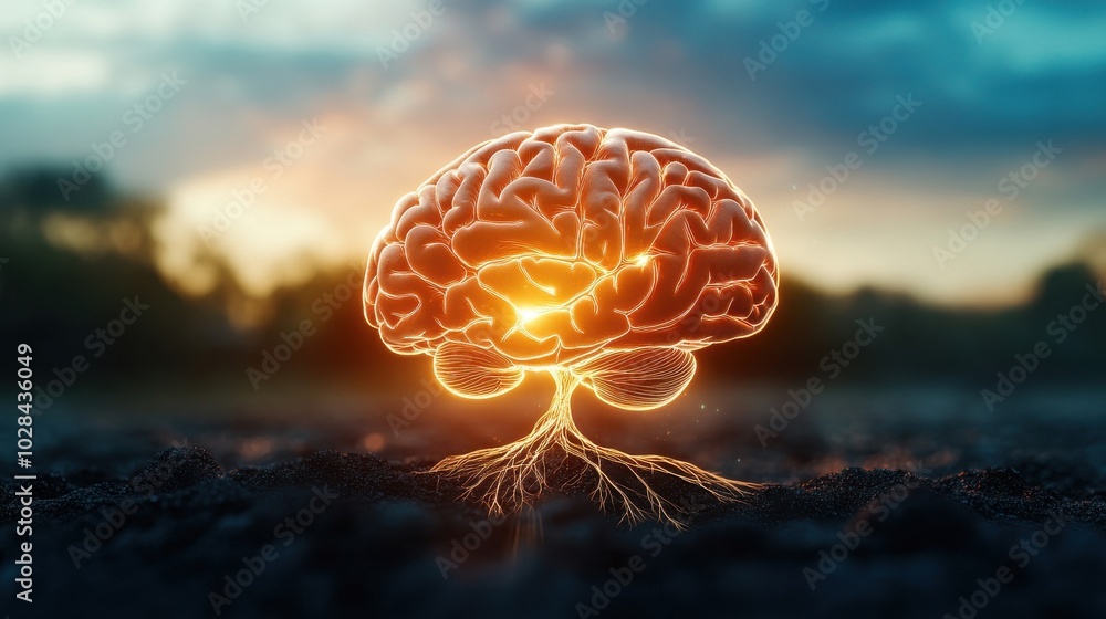 Rising Brain Pathway: A human brain with roots growing deep into the ...