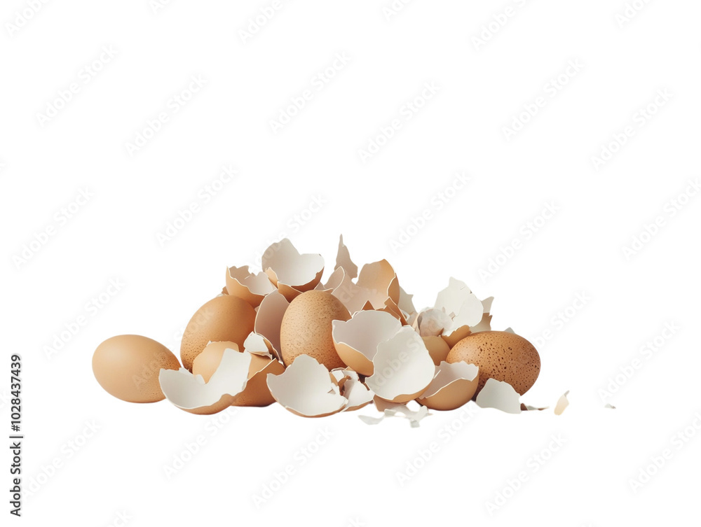 Pile of broken egg shells on a white background, food waste concept ...