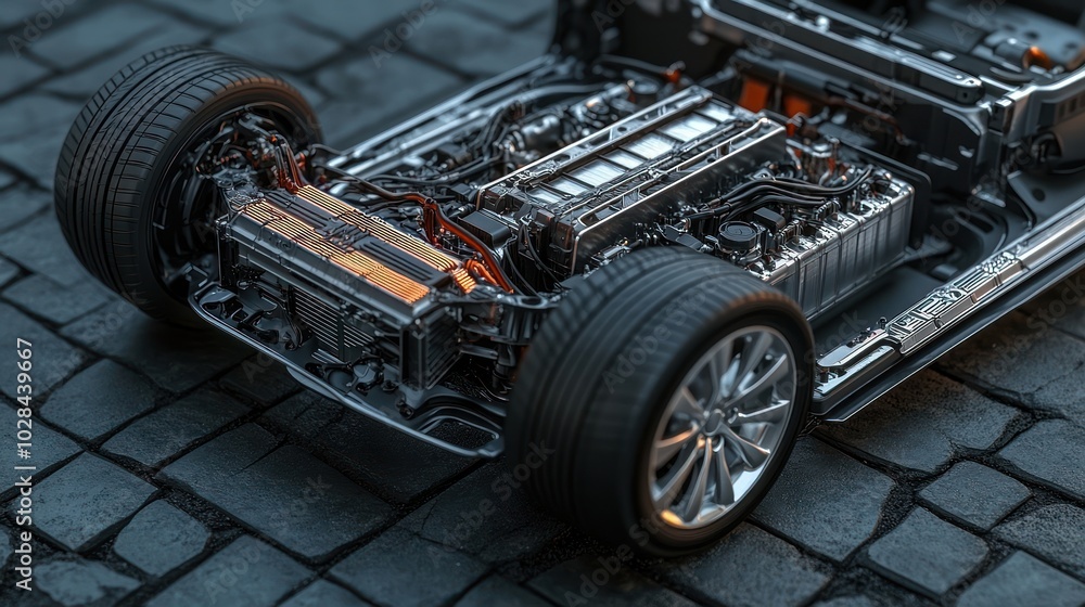 Close up view of the underside of an electric car chassis with the ...