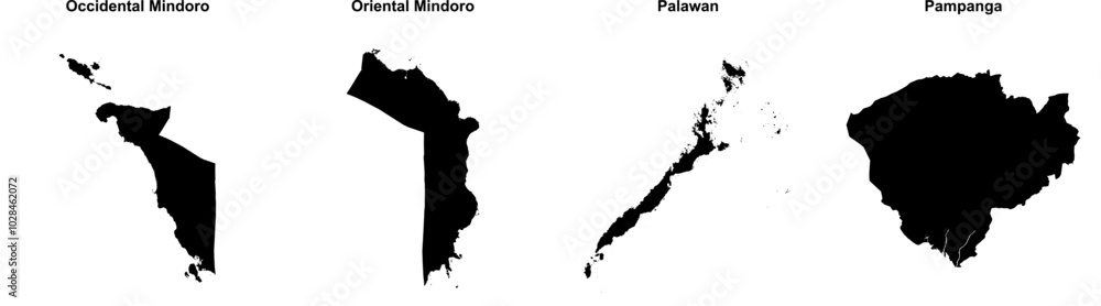Occidental Mindoro, Oriental Mindoro, Palawan, Pampanga outline maps ...