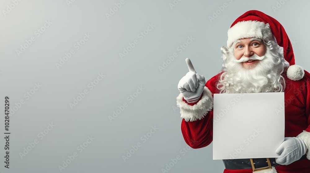 Handsome Santa Claus standing against pure background, holding blank ...