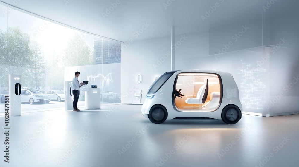 Futuristic electric car on display in modern showroom, showcasing ...