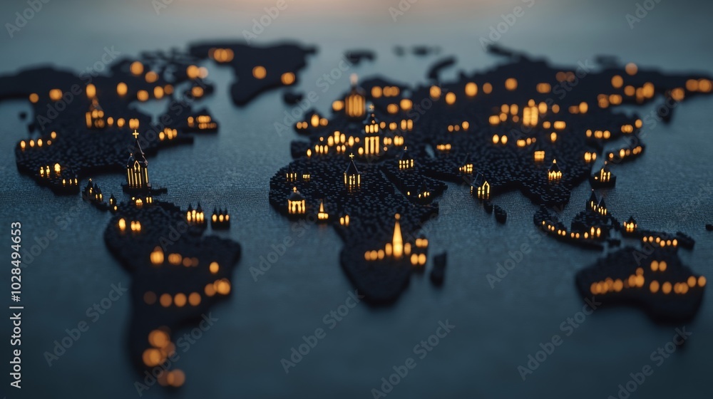 Global map with religious symbols placed over different regions, softly ...