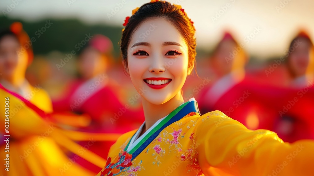 Traditional Korean folk dance performance with dancers in bright hanbok ...