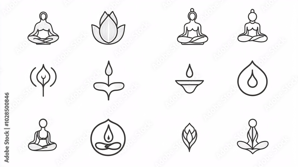 2410_050.a grid of yoga and meditation retreat symbols in minimalist ...