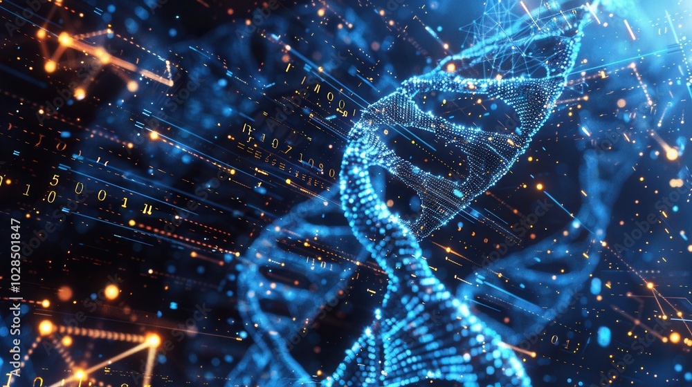 This artwork features a three-dimensional DNA strand overlaid with flowing data streams and ...