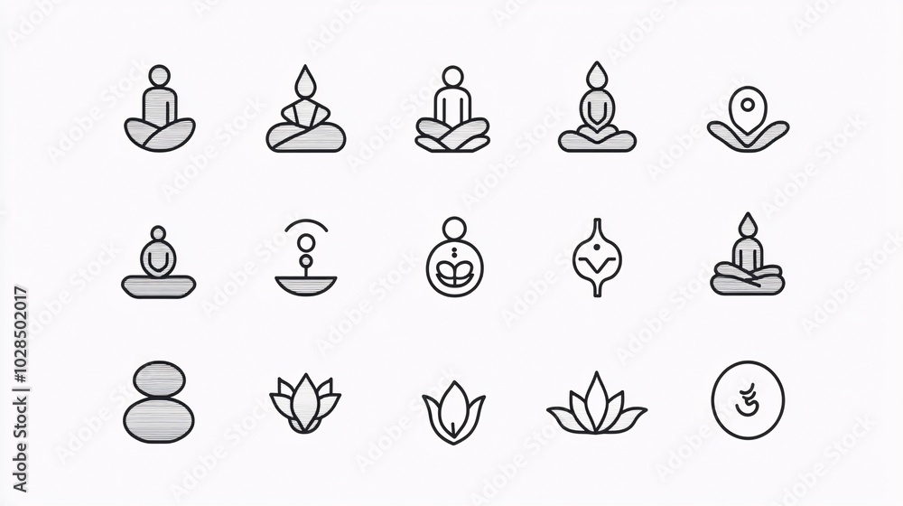 2410_049.yoga and meditation retreat icons in a minimalist thin line ...
