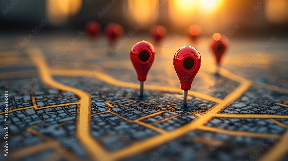 map with multiple red pins indicating locations in the city Stock ...